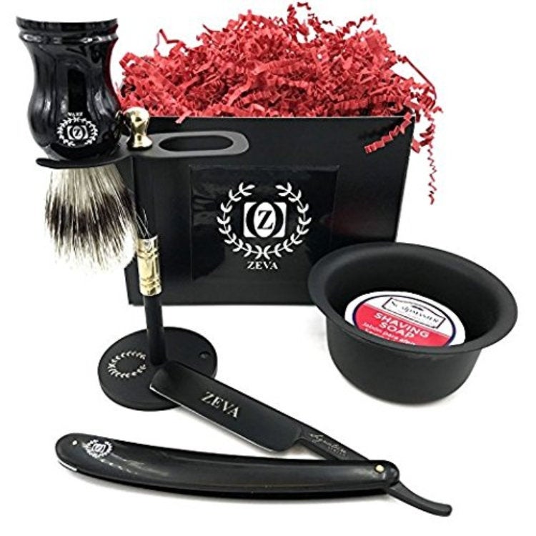 Mens Straight Razor Wet Shave Gift Set Stand Bristle Brush Leather Hon ...